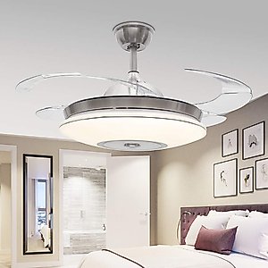 YEELED Light 42" Remote Control Retractable Reversible Ceiling Fans with 3 Changing Light Color Invisible Ceiling Fan Chandelier for Indoor Bedroom Ceiling Light Kits with Fans (42 Inch, Silver-02)