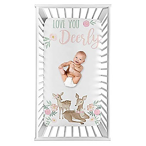 Sweet Jojo Designs Woodland Deer Floral Girl Fitted Crib Sheet Baby or Toddler Bed Nursery Photo Op - Blush Pink, Mint Green and White Boho Watercolor Love You Deerly