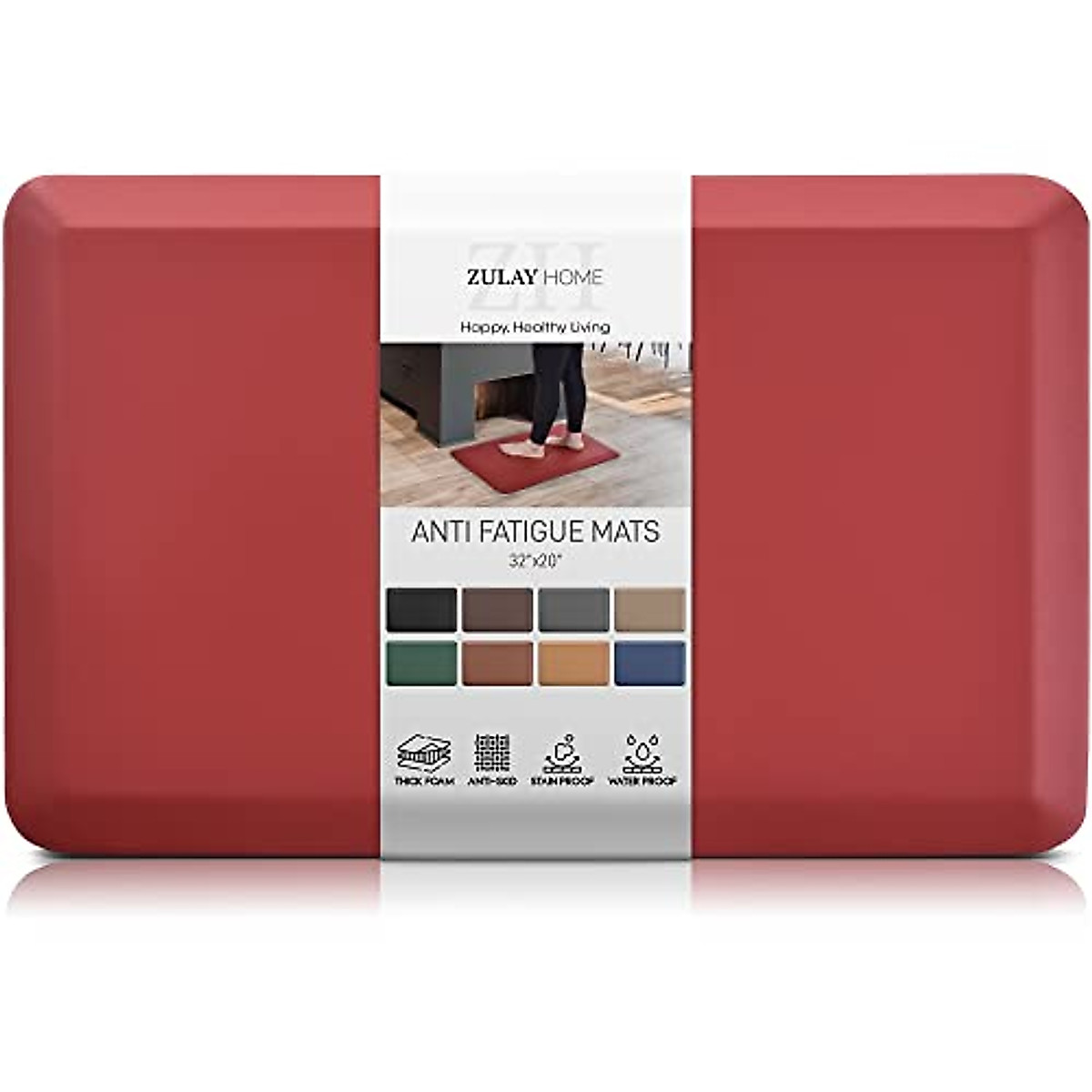 Zulay Home Large 20 x 32 Inch Anti Fatigue Floor Mat - 3/4 Inch Thick Cushioned Kitchen Mats for Standing - Comfortable Padded Floor Mats for Standing Work Desk - Memory Foam Kitchen Mat - Red