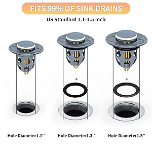 Universal Bathroom Sink Stoppers Fits 1.1"-1.5" Drain Holes, Stainless Steel Bounce Core Anti-Clogging Basin Pop Up Drain Stopper, Bathtub Converter Sink Strainer with Hair Catcher(2-Pack Grey)