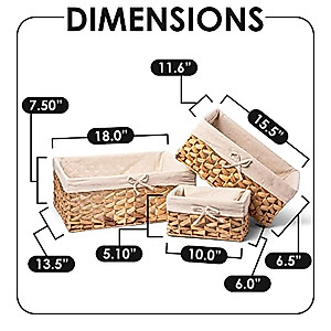 Natural Hyacinth Wicker Storage Baskets, Set Of 3 Hand Woven Water Hyacinth Baskets for Living Room, Organizing Decorative, Woven Basket Organizer Bins with Detachable Lining, Large Medium Small