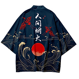 DOSLAVIDA Men's Japanese Kimono Jacket Set Stylish Open Front Coat With Shorts Chinese Style Printed Cardigan Suits