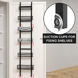 Mystozer 6-Tier Over The Door Pantry Organizer with 6 Adjustable Baskets and 4 Hooks, Metal Hanging Spice Rack, Black
