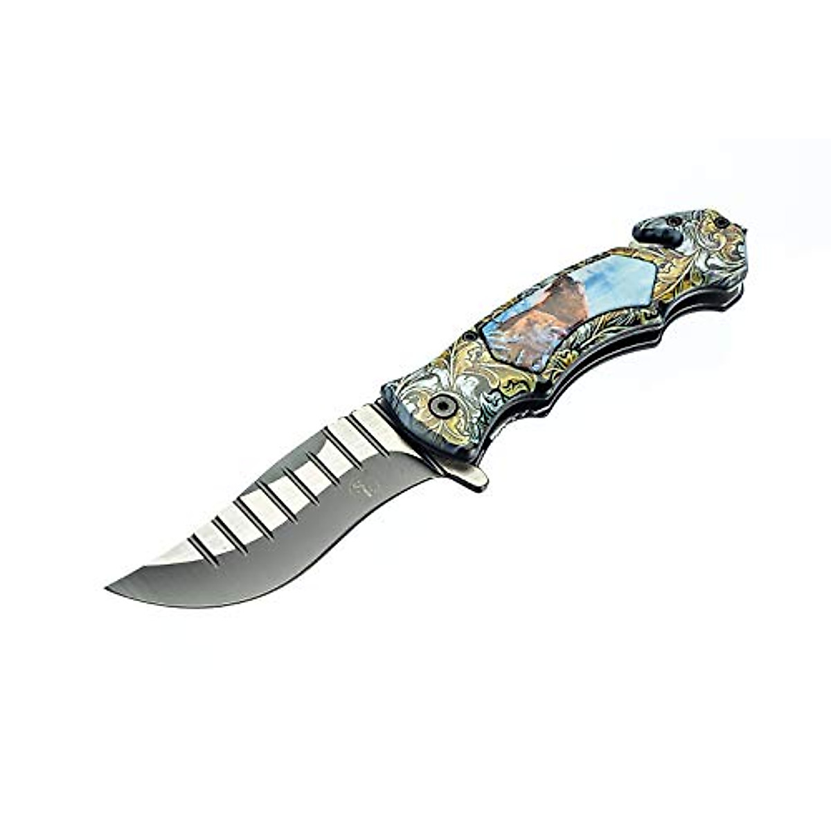 SE Spring Assisted Clip Point Folding Knife with Howling Wolf Design - KFD20024-2