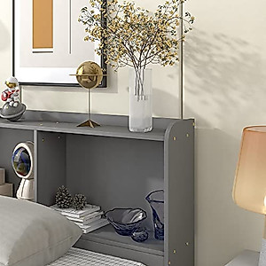 Harper & Bright Designs Twin Bed with Twin Size Trundle and Drawers, Solid Wood Platform Bed Frame with Bookcase Headboard for Kids Teens Adults (Twin Size, Gray)