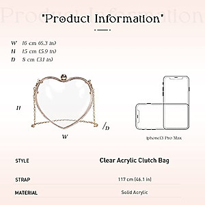 JAMBHALA Women Clear Acrylic Clutch Bag Mini Heart Handbag Evening Pouch with Detechable Chain (gold)
