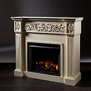 SEI Furniture Calvert Electric Carved Floral Trim Fireplace, Ivory (FA9279E)