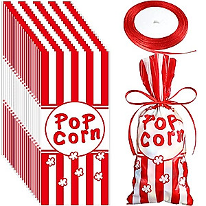 100 Pieces Popcorn Cellophane Bags Carnival Goodie Bags Red and White Stripe Treat Bags with A Roll of Red Ribbon for Chocolate Candy Snacks Cookies Carnival Birthday Party Supplies