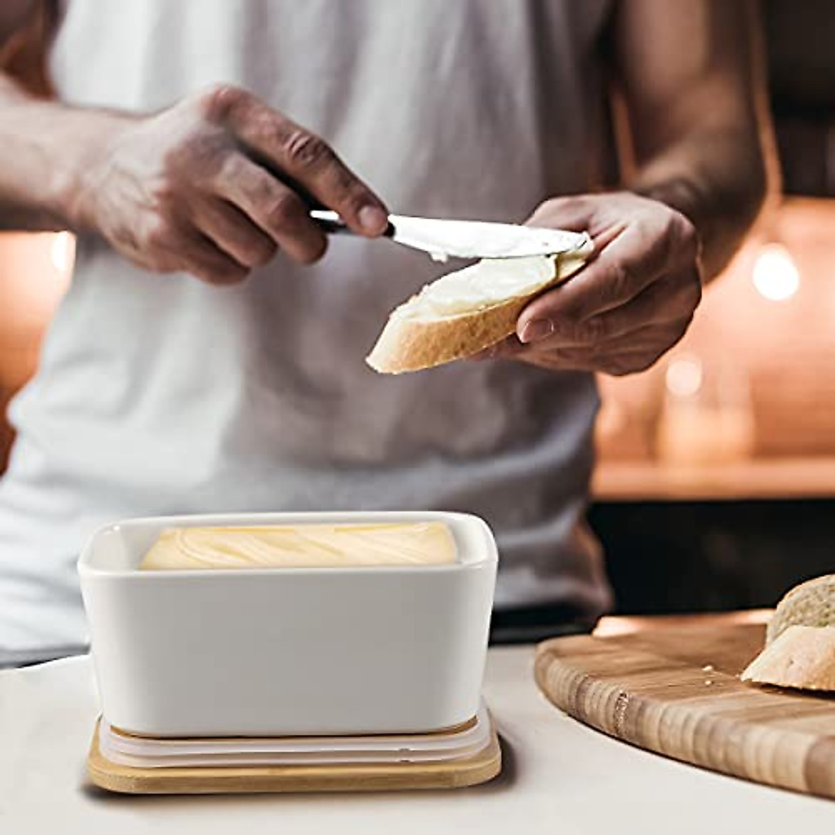 Large Ceramic Butter Dish with Airtight Lid and Knife for Countertop- Holds Up to 2 Sticks Butter Container with Bamboo Lid