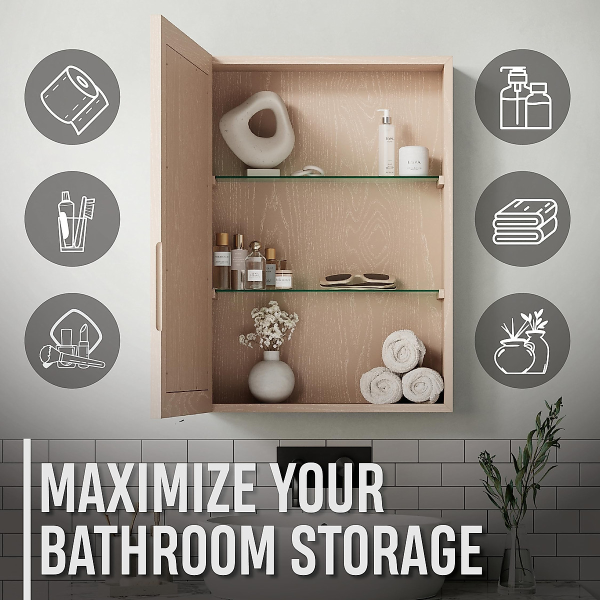 Arlo Belle Mid-Century Modern Medicine Cabinet,19 Inch x 27 Inch Wood Storage Cabinet with Mirror Door, Buffering Hinge, and Large Storage Capacity