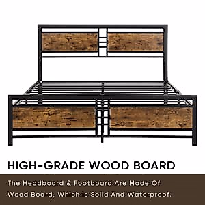12 Inch Full Size Metal Platform Bed Frame with Wooden Headboard and Footboard, Mattress Foundation, No Box Spring Needed, Large Under Bed Storage, Non-Slip Without Noise(Rustic Brown, Full)