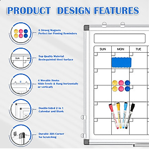 Monthly Calendar Dry Erase Whiteboard for Wall, 24" x 18" Magnetic Calendar White Board, Double-Sided Portable Board for Office, Kitchen, School, Home