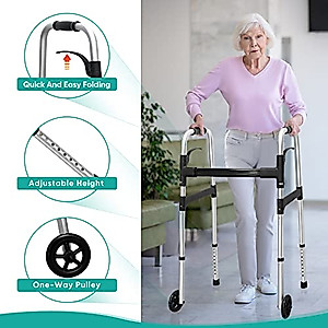 Nurhome Compact Folding Walker with Trigger Release and 5" Wheels Walker for Senior Lightweight Adjustable Height Supports up to 350 lbs