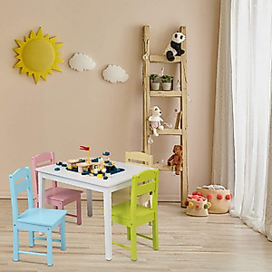 Children's Wooden Table and Chair Set,Kids Wooden Table and Chairs, 5 Pieces Set Includes 4 Chairs and 1 Activity Table, Picnic Table with Chairs for Kids (Colorful)