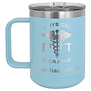 LaserGram 15oz Vacuum Insulated Coffee Mug, PT Physical Therapist, Personalized Engraving Included (Light Blue)