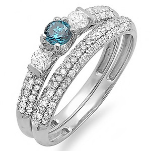 Dazzlingrock Collection 0.85 Carat (Ctw) 14k Round Blue & White Diamond Women Engagement Ring Wedding Band Set, White Gold