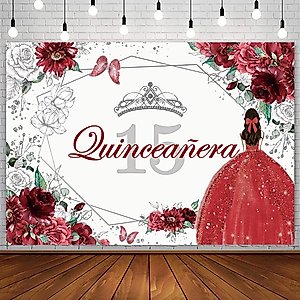 Sendy 10x7ft Quinceanera 15th Birthday Backdrop for Sweet Girl Mis Quince Anos 15th Birthday Party Decorations Red Silver Glitter Floral Crown Butterfly Banner Photography Background Cake Table Props