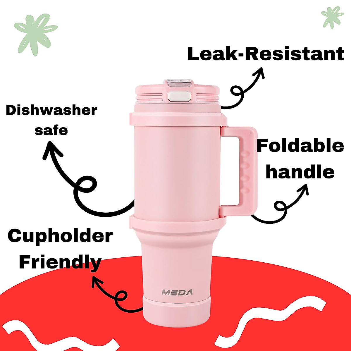 MEDA 40 oz Tumbler with Foldable Handle – Insulated, Reusable Stainless Steel Travel Coffee Mug – Perfect for Travel, Water, Iced Tea, Coffee – Ideal Easter Gift (Peach)