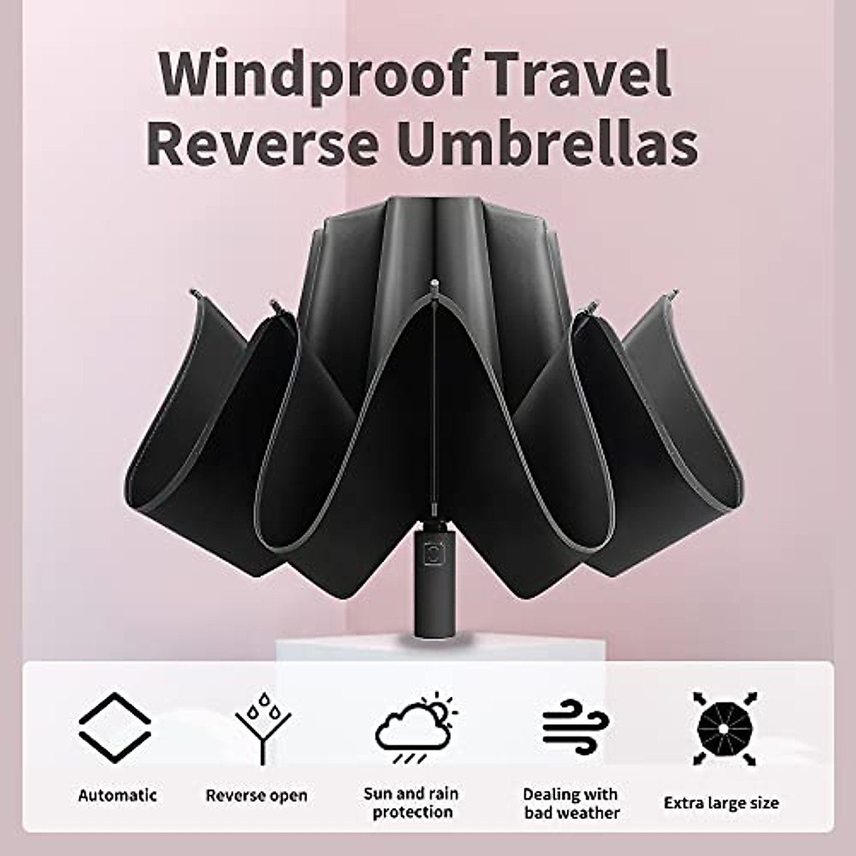 GENMAI SOEASY Umbrella Compact Folding Travel Windproof Rain Umbrella, Light Automatic Parasol Portable Car Umbrella for Rain,Large Black Sun Umbrella