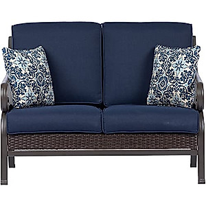 Hanover 4-Piece Madrid Outdoor Patio Furniture Chat Set, 2 Swivel Rocker Side Chairs, Loveseat, Glass Top Coffee Table, All-Weather Hand-Woven Wicker, Aluminum Frames, Thick Cushions, Navy