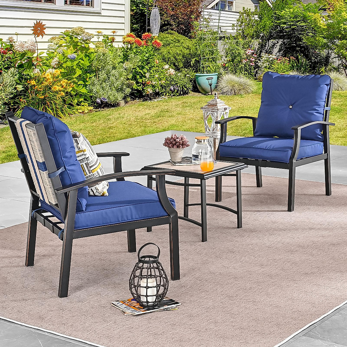 PatioFestival 3 Pieces Patio Bistro Set Outdoor Furniture Set with Coffee Table Patio Single Chairs with Cushion,for Poolside, Garden, Balcony(Bule)