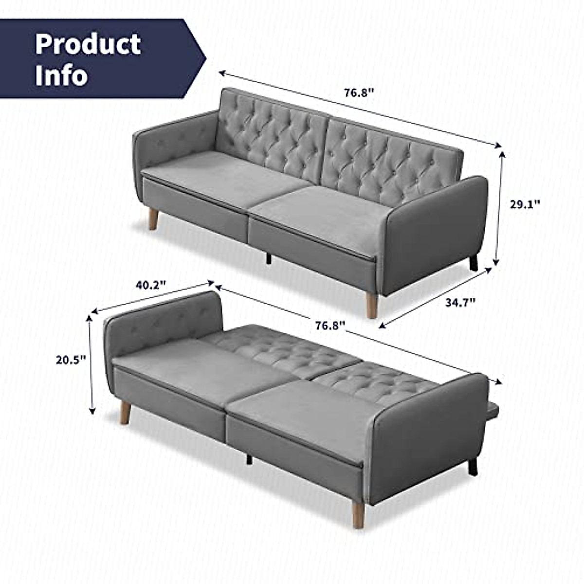 ZAFLY Couch Bed, 76.8'' Loveseat Bed Couches for Living Room, Futon Sofa Deep Seat Beds with Soft Ice and Snow Velvet Sturdy Sleeper Small Space, Bedroom, Apartment, Dorm Light Grey