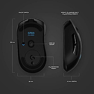 Logitech G703 Hero w/16K Sensor Lightspeed Wireless Gaming Mouse - Black (Renewed)