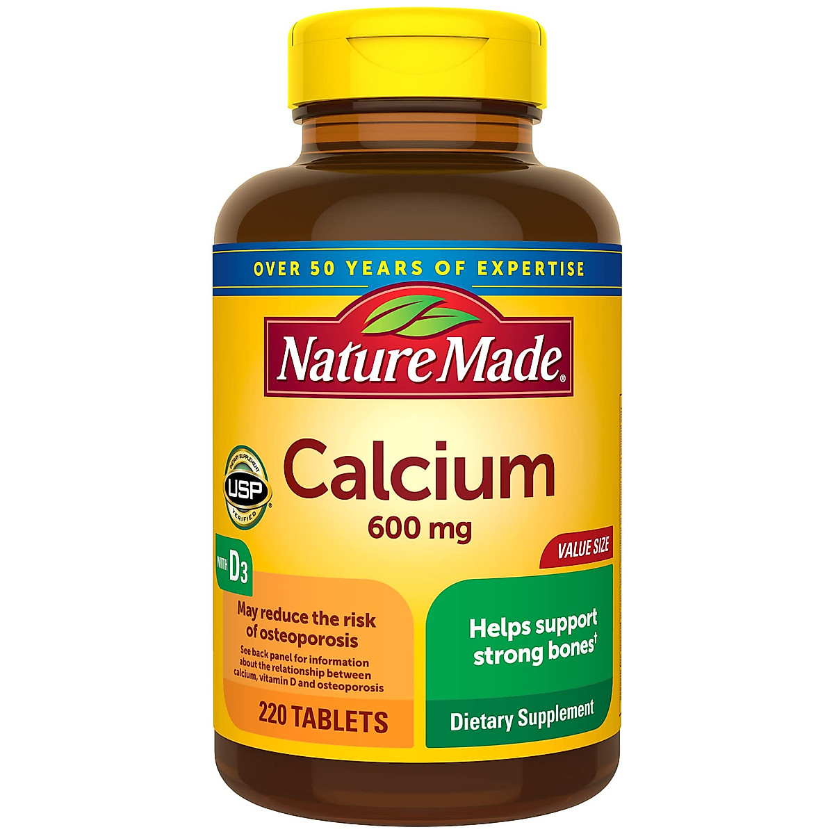 Nature Made Calcium 600 mg with Vitamin D3, Dietary Supplement for Bone Support, 220 Tablets