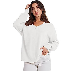ANRABESS Women’s Casual Long Sleeve Sweatshirt V Neck Off Shoulder Shirt Loose Baggy Comfy Knit Pullover Sweaters Tunic Top 2023 Fall Clothes A1069baise-XL White