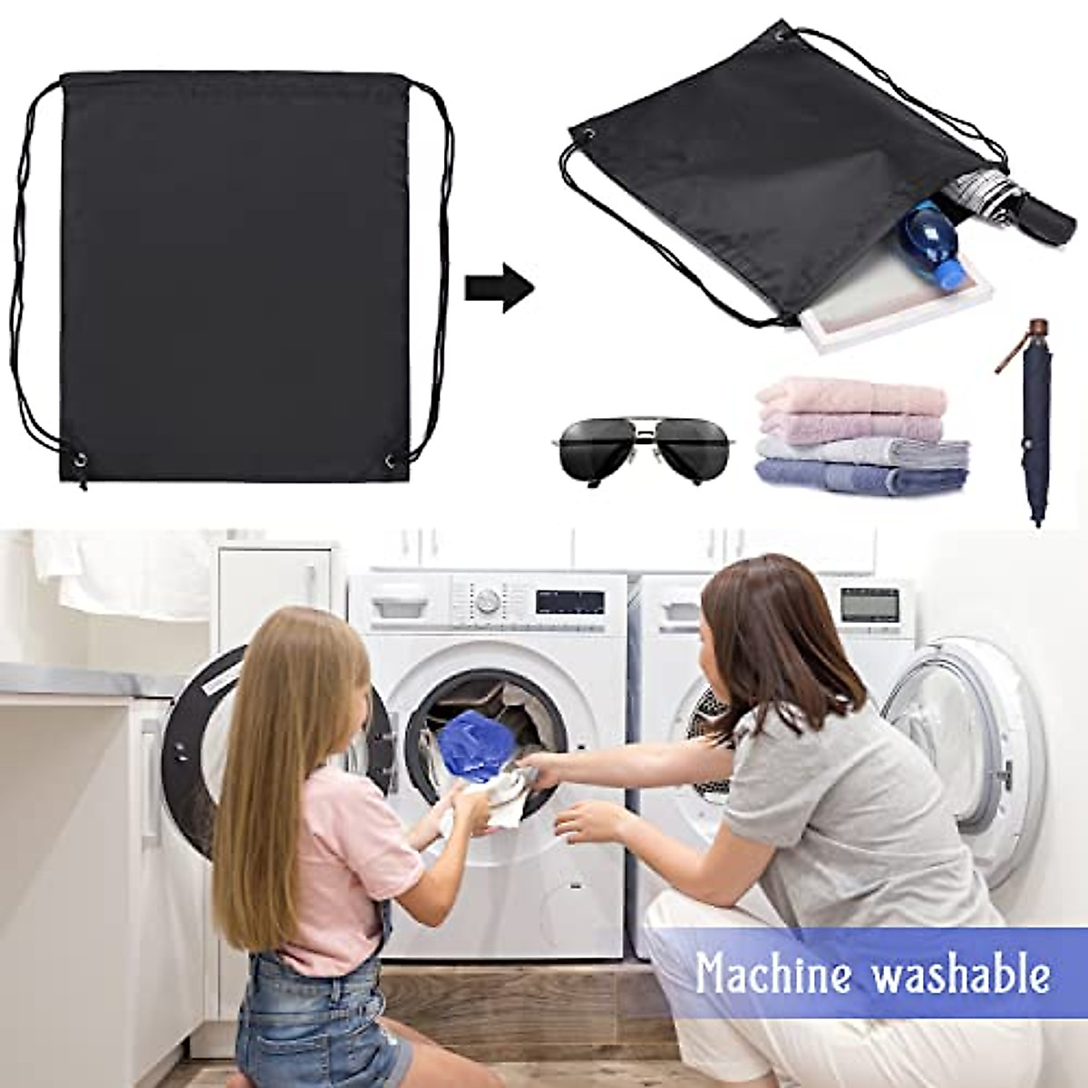 2PCS Drawstring Bags PE Bags Drawstring Gym Bag Black Draw String Bags Drawstring Backpack for Sports, Gym, Travel, Swimming, Beach