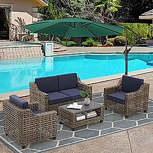 MELLCOM 4-Piece Outdoor Sectional Sofa Couch, Patio Furniture Set with Cushions and HDPE Table Top, Handwoven PE Wicker Rattan Patio Conversation Set for Patio, Garden, Yard, Pool, Brown and Blue