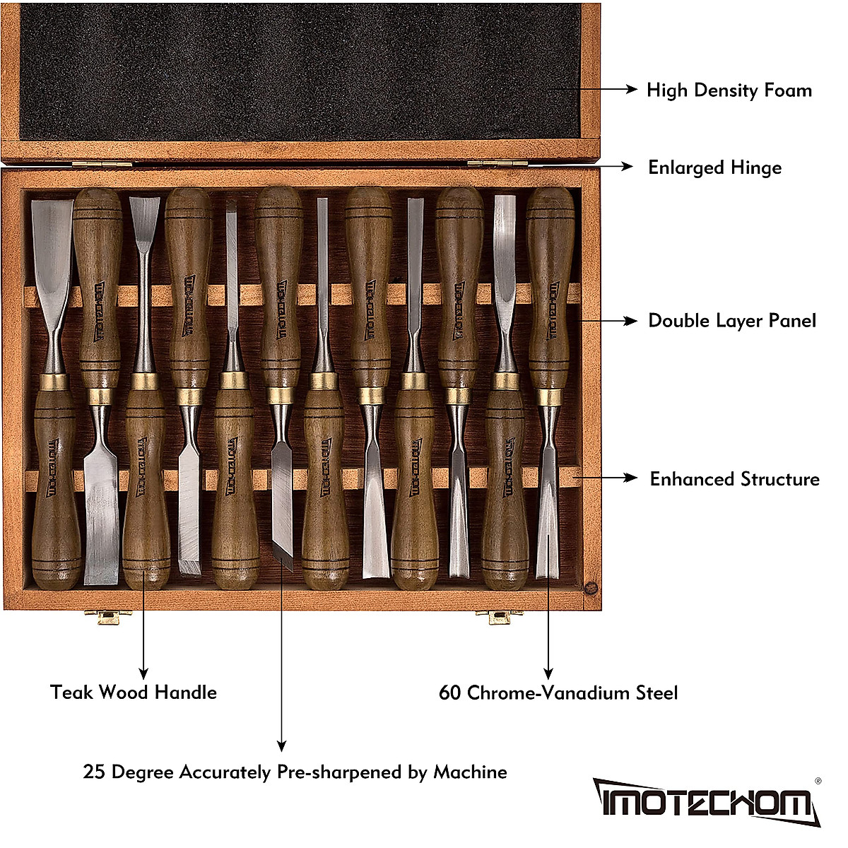 IMOTECHOM 12-Pieces Woodworking Wood Carving Tools Chisel Set with Wooden Box, Razor Sharp CR-V 60 Steel Blades