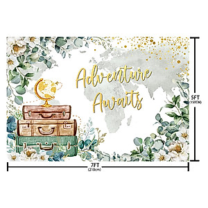 MEHOFOND 7x5ft Adventure Awaits Baby Shower Party Decorations Backdrop Eucalyptus White Floral Suitcases Travel Around The World Map Bridal Wedding Shower Photography Background Photo Banner