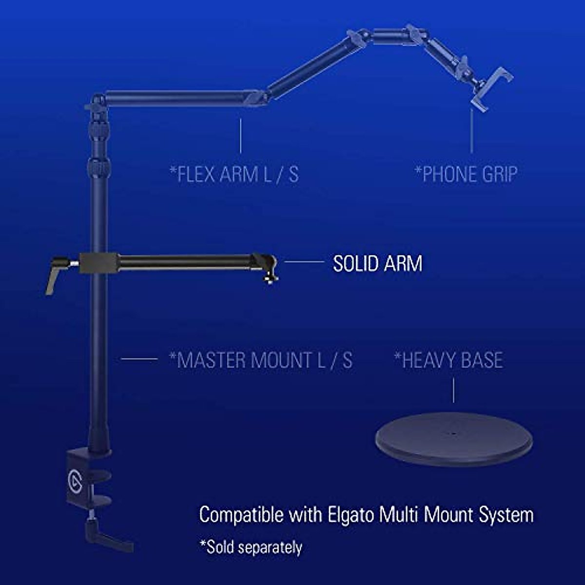 Elgato Solid Arm, Holding Arm with Padded Clamp for easy Mounting and Adjusting of Lights, Cameras, and Microphones, for Streaming, Videoconferencing, and Studios