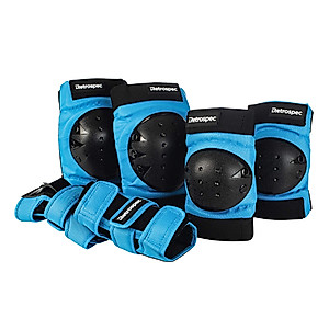 Retrospec Adult/Youth/Child Knee Pads Elbow Pads and Wrist Guards Protective Gear for Skateboarding Roller Skate BMX and Scooter Multi Sport Pad Set, Blue, Youth (10-14 Years)