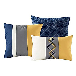 Chezmoi Collection Arden 7-Piece Modern Pleated Stripe Embroidered Zigzag Bedding Comforter Set (Queen, Navy/Gray/Yellow/White)