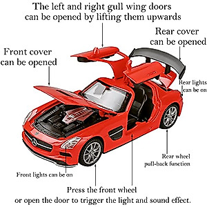 iLooboo Alloy Collectible Red Benz SLS AMG Toy Vehicle Pull Back Die-Cast Car Model with Lights and Sound