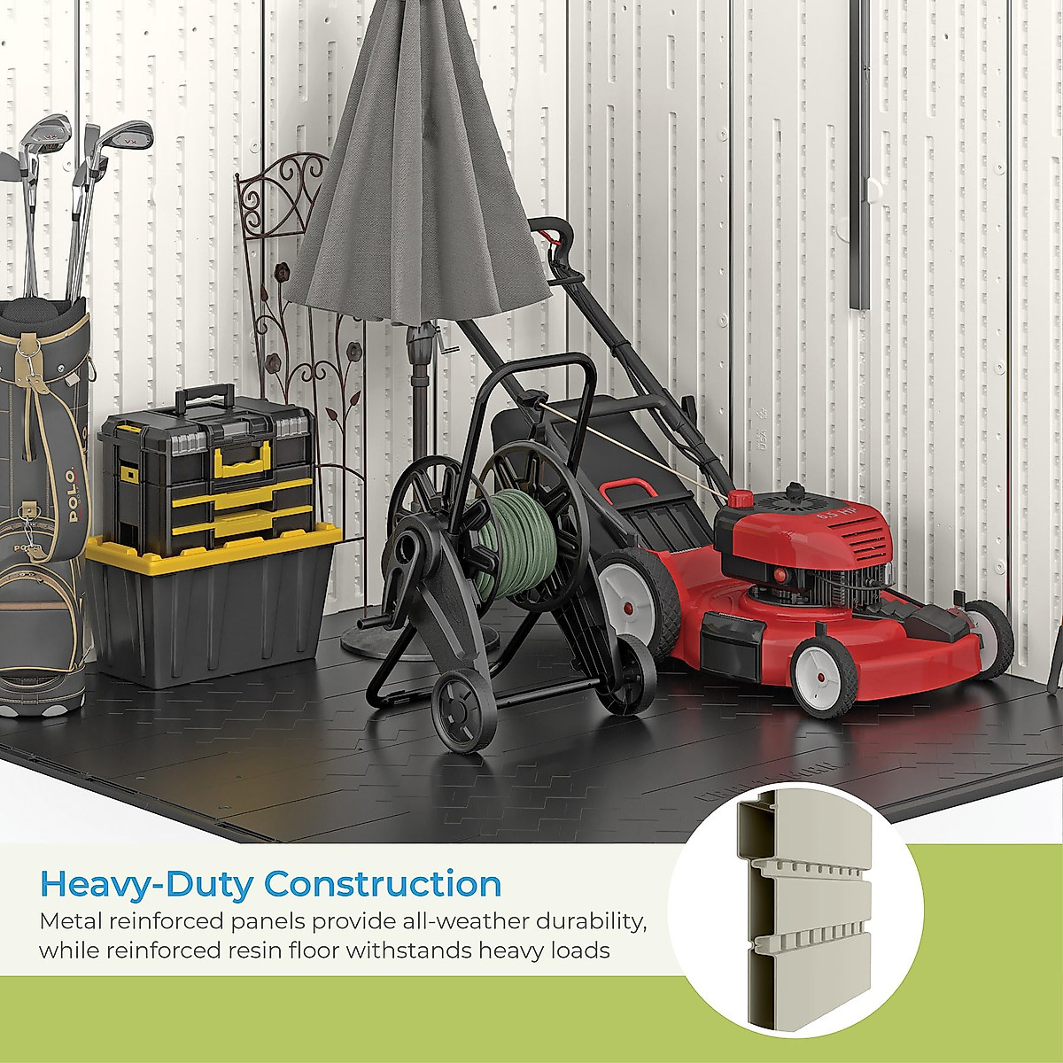 Suncast 7' x 7' Ridgeland Storage Shed for Large-Scale Yard Storage, All-Weather Outdoor Storage Shed with 2 Lockable Doors and Windows