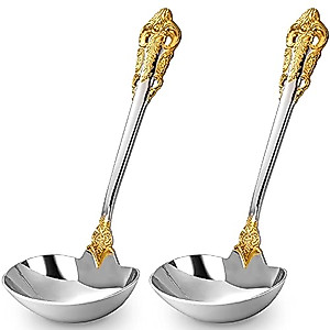 KEAWELL Luxury Gravy Ladle, 18/10 Stainless Steel, Gold Accent, Small Gravy Spoon for Home. Solid and Sturdy, Set of 2, Dishwasher Safe