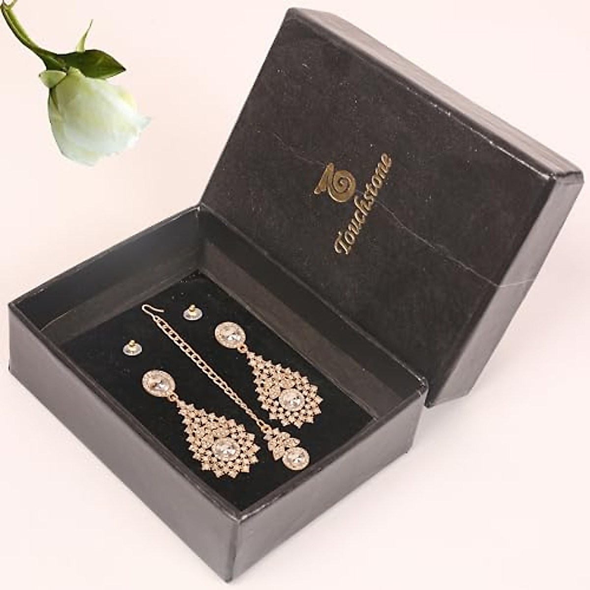 NEW! Touchstone Indian Bollywood Exotic Petals Studded Diamond Look Sparkling Rhinestone Designer Jewelry Chandelier Earrings Mangtika Head Accessory Combo In Gold Tone For Women.