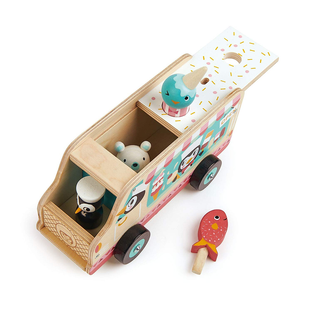 Tender Leaf Toys - Penguin’s Gelato Van - Food Truck Style Pretend Play, Ice Cream and Ice Lolly Wooden Vehicle - Encourage Role Play and Develops Social Skills for Children - Age 18m+
