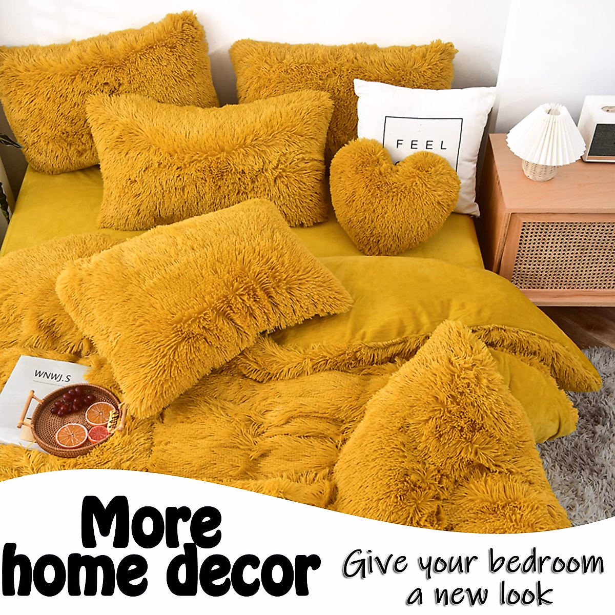 MorroMorn Shaggy Throw Pillow Covers, Luxury Long Faux Fur Decorative Pillows Shams, Square Pillow Cases Set, Pack of 2 Cushion Cover for Bed Couch Soft Fluffy Shaggy Room Decor (Mustard Yellow)