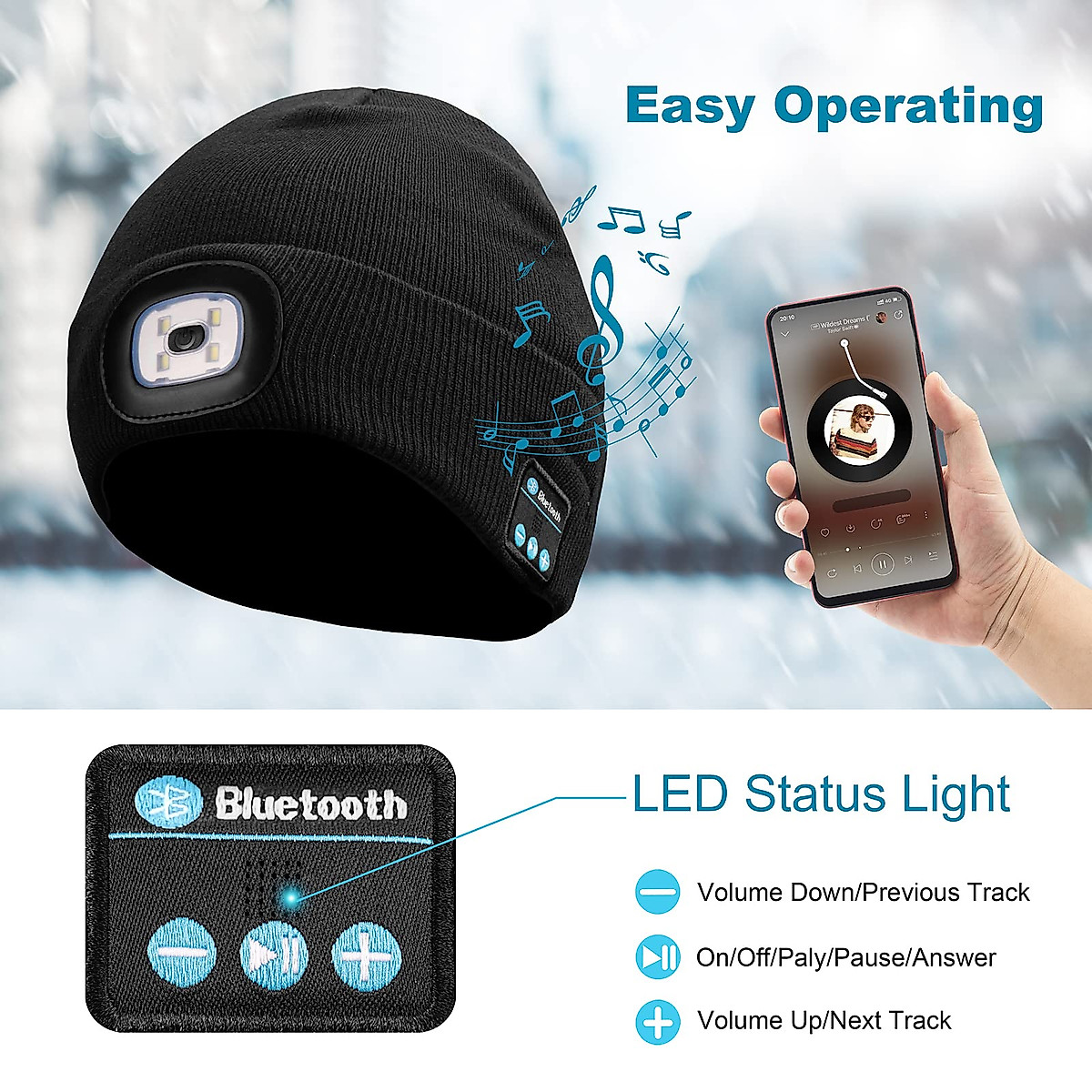 Bluetooth Beanie Warm Hat with Light Headphone Unique Tech Gifts for Men Dad Him Teenage Christmas Stocking Stuffers Pink
