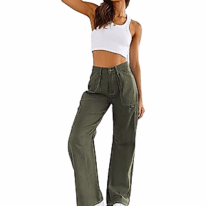Dokotoo Ladies Corduroy Cargo Pants Wide Leg Baggy High Waisted with Pockets Comfy Casual Long Pants Utility Travel Trouser Plus Size,Green 10