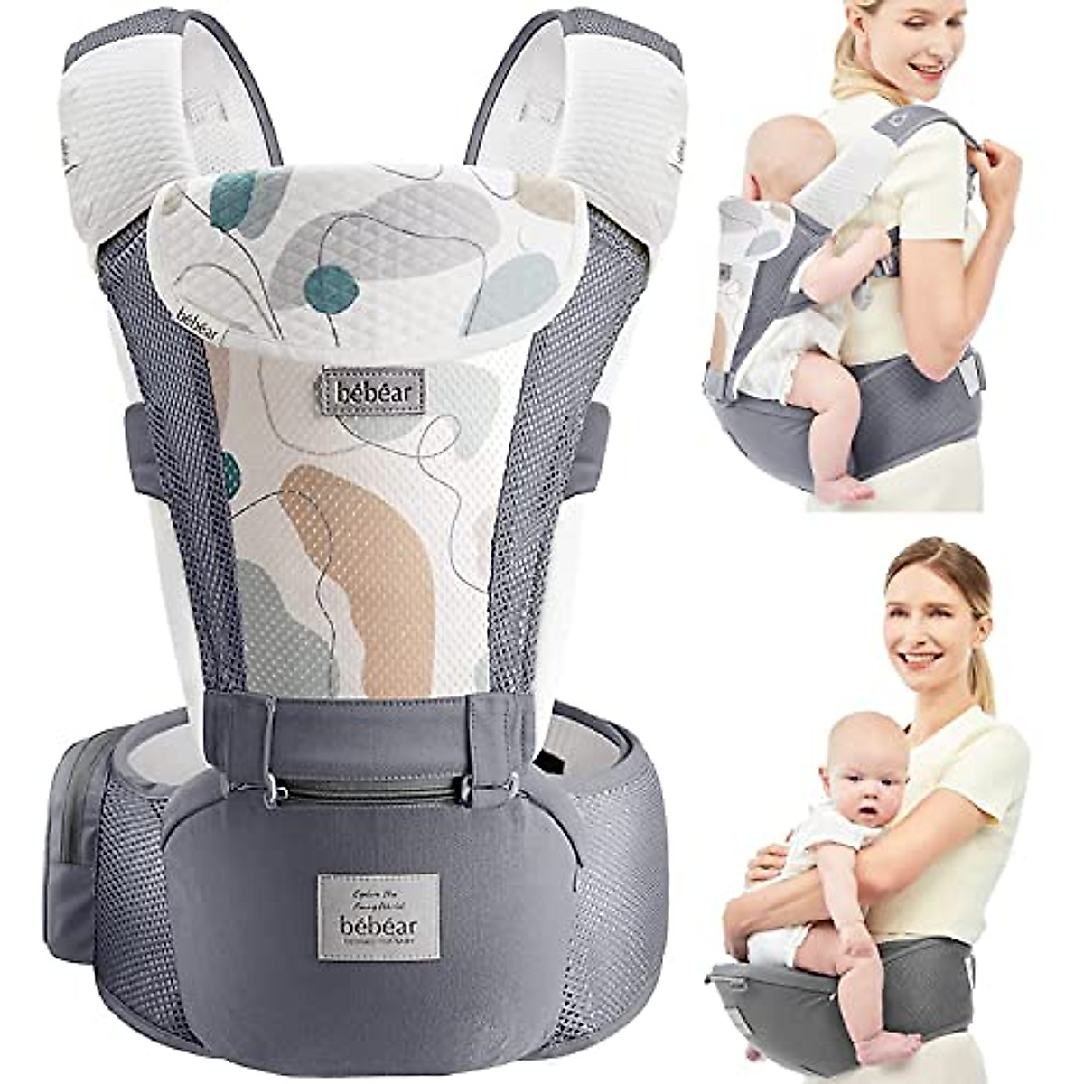 Bebamour Baby Carrier Newborn Front and Back Carry Baby Carrier Newborn to Toddler Baby Hip Carrier with Head Hood & 3 Pieces Teething Pads (Grey)