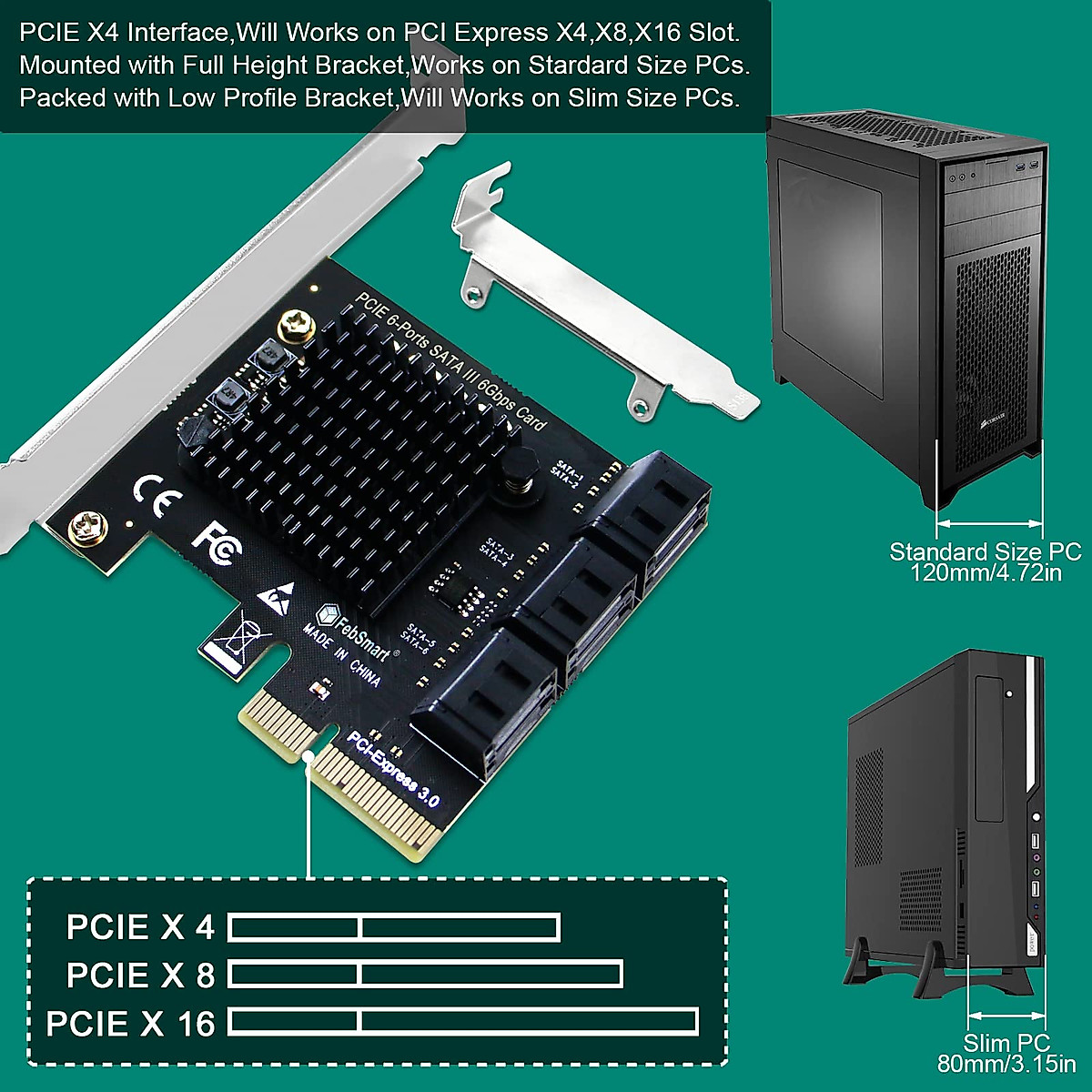 FebSmart PCIE to 6-Ports 6Gbps Max Speed SATA III Expansion Card for Desktop PCs, Plug and Play on Windows OS MAC OS Linux System, ASMedia ASM1166 None-Raid PCIE SATA III Host Controller (FS-S6-Pro)