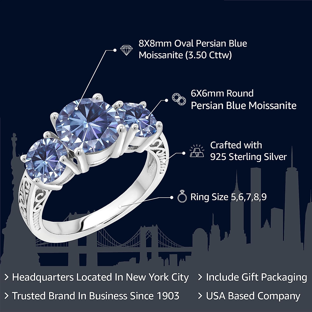 Gem Stone King 925 Sterling Silver Round Blue Moissanite 3 Stone Ring For Women (3.50 Cttw, Available In Size 5, 6, 7, 8, 9)