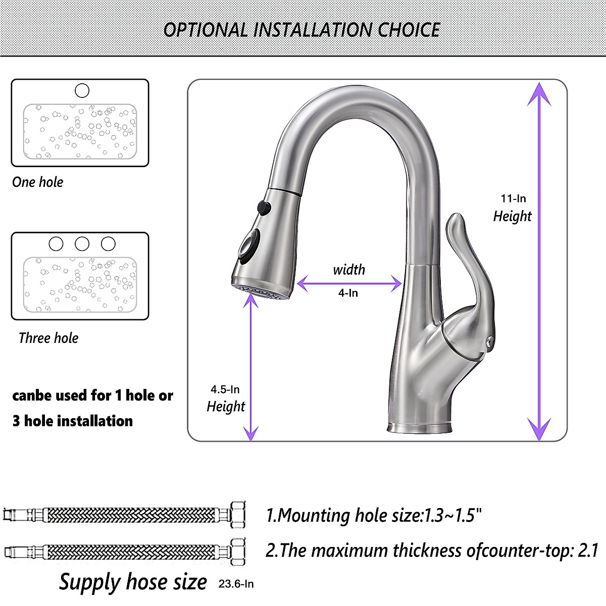 SOOSWEET Single Hole Bathroom Faucet with 3 Function Pull-out Sprayer, Brushed Nickel