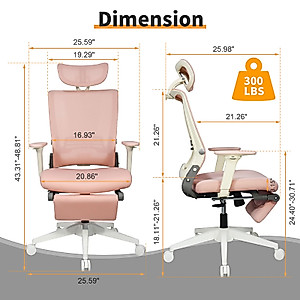 Foldable Ergonomic Office Chair with Footrest, High Back Computer Chair with 2D Headrest, Mesh Back, Sponge Seat, Adjustable Lumbar Support, 2D Armrest, Home Office Desk Chair, Pink