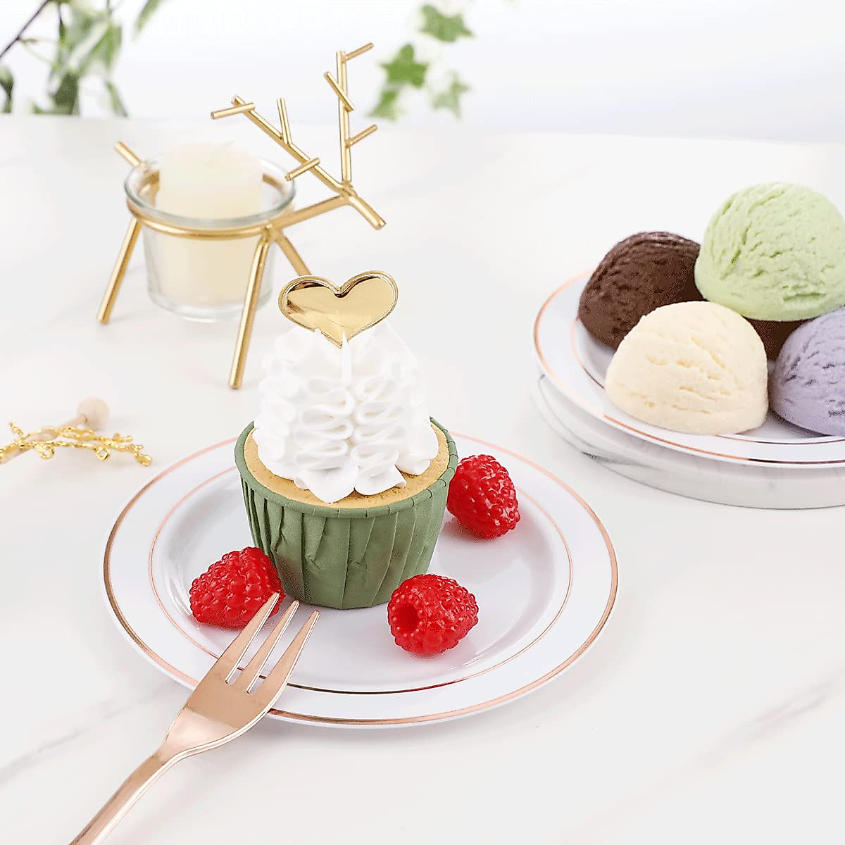 WELLIFE 240 Pieces Rose Gold Plastic Dessert Plates with Disposable Forks, Includes 120 Pcs Appetizers Plates 6.5 inch, 120 Pcs Rose Gold Forks, Perfect for Parties and Weddings